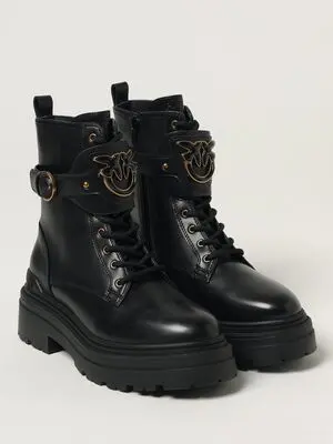 Pinko Leather Combat Boots With Buckle Detail - Black