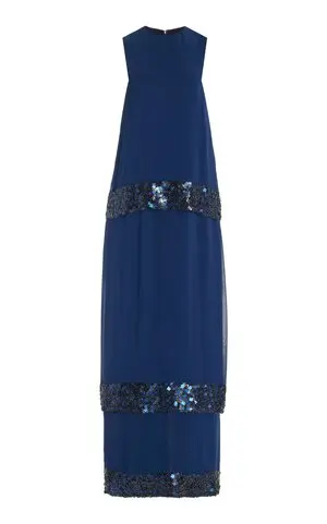 Delpozo Sequined Satin Gown - Navy