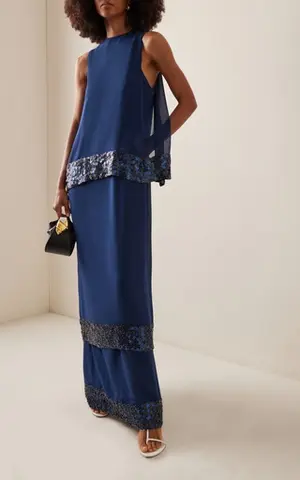 Delpozo Sequined Satin Gown - Navy