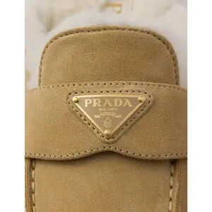 Prada Brand-plaque Suede And Shearling Mules - Neutral