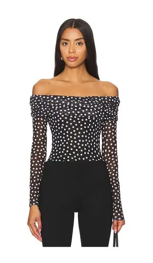 Majorelle Ruched Mesh Polka Dot Off The Shoulder Bodysuit