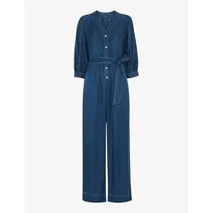 Whistles Mabel Topstitch V-neck Woven Jumpsuit - Blue