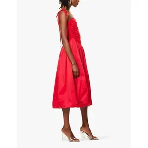 AMY LYNN Ruched-side Strapless Puffball Cotton Midi Dress - Red