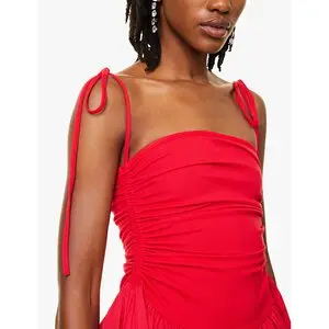 AMY LYNN Ruched-side Strapless Puffball Cotton Midi Dress - Red