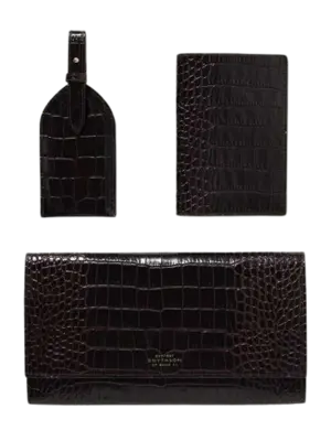 Smythson Mara Croc-effect Leather Clutch, Passport Holder And Luggage Tag Set - Brown