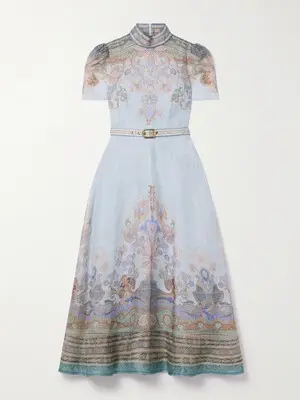 Zimmermann Eden Belted Printed Linen And Silk-blend Midi Dress - Blue