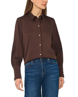 CECE DUPRAZ Satin Faux Pearl Button Blouse Coffee Bean