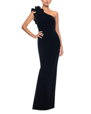 Aqua Velvet Ruffle One Shoulder Gown - Black