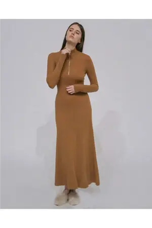 Rosetta Getty Ribbed Merino Wool Zip-up Turtleneck Dress - Brown