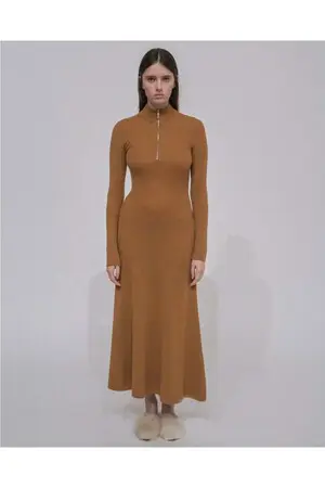 Rosetta Getty Ribbed Merino Wool Zip-up Turtleneck Dress - Brown