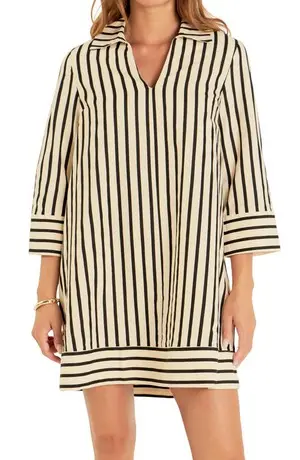 English Factory Stripe Three-quarter Sleeve Dress - Beige/ Black