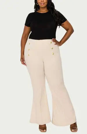 L I V D Button High Waist Flare Pants - Taupe