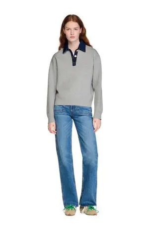 Sandro Knit Sweater With Denim Collar - Grey