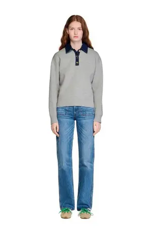 Sandro Knit Sweater With Denim Collar - Grey