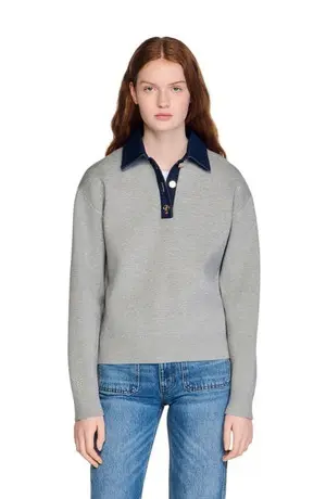 Sandro Knit Sweater With Denim Collar - Grey