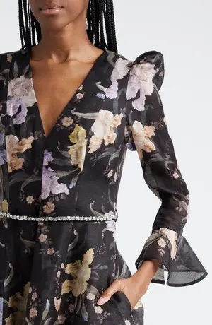 zimmermann eden long sleeve midi dress Zimmermann Eden Floral Print Long Sleeve Linen & Silk Midi Dress In Iris  Sherbet - 30% Off
