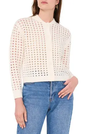 Vince Camuto Pointelle Crewneck Cardigan - Antique White