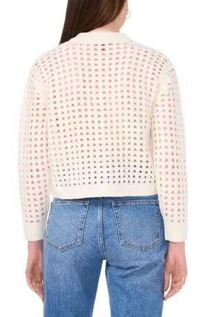 Vince Camuto Pointelle Crewneck Cardigan - Antique White