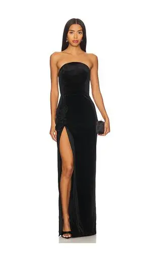 Amanda Uprichard Velvet Gown With Florette Accent And Slit - Black