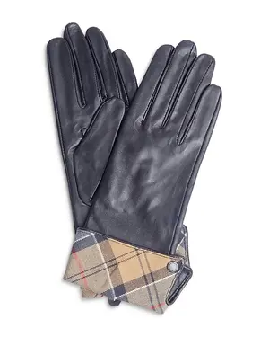 Barbour Lady Jane Tartan Cuff Gauntlet Leather Gloves - Black/tan
