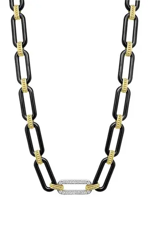Lagos Signature Caviar Ceramic Link And Diamond Necklace - Black