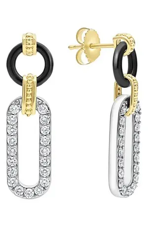 Lagos Signature Caviar Diamond And Ceramic Link Drop Earrings - Black