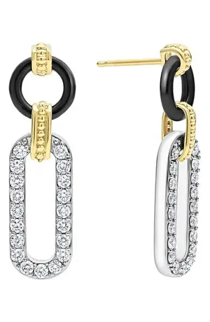 Lagos Signature Caviar Ceramic & Diamond Link Drop Earrings