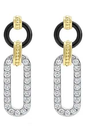 Lagos Signature Caviar Ceramic & Diamond Link Drop Earrings