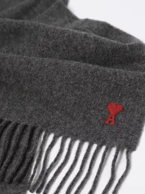 Ami Pure Wool Scarf With Embroidered Logo And Fringed Hem - Grey