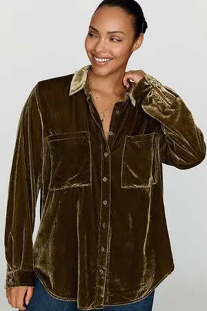 PILCRO Hadley Velvet Relaxed Button-down Shirt - Deep Olive