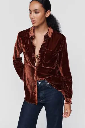 PILCRO Hadley Velvet Relaxed Button-down Shirt - Rust