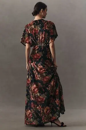 Bhldn Amelia Deep-v Stretch Velvet Maxi Dress - Black Pattern