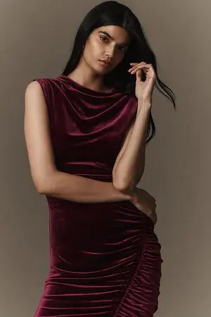 Bhldn Francesca High-neck Stretch Velvet Maxi Dress - Berry