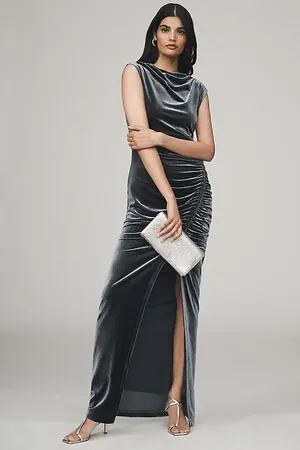 Bhldn Francesca High-Neck Stretch Velvet Maxi Dress Grey