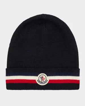 Moncler Moncler Striped-Trim Virgin Wool Beanie Navy