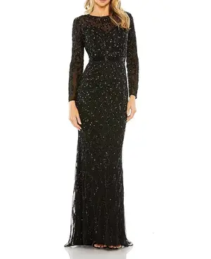 Mac Duggal Beaded Long Sleeve Evening Gown - Black