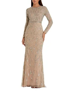 Mac Duggal Beaded Long Sleeve Evening Gown - Mocha