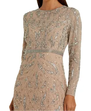 Mac Duggal Beaded Long Sleeve Evening Gown - Mocha