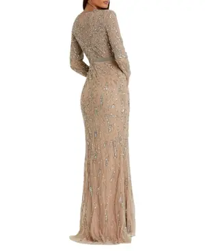 Mac Duggal Beaded Long Sleeve Evening Gown - Mocha