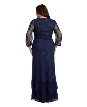 Mac Duggal Plus Puff Sleeve V-neck Tiered Embellished Gown - Midnight