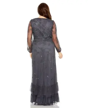 Mac Duggal Plus Puff Sleeve V-neck Tiered Embellished Gown - Midnight