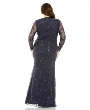 Mac Duggal Long Sleeve Mesh Embellished Gown
