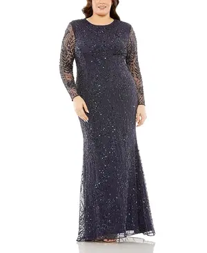 Mac Duggal Long Sleeve Mesh Embellished Gown