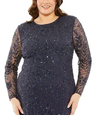 Mac Duggal Long Sleeve Mesh Embellished Gown