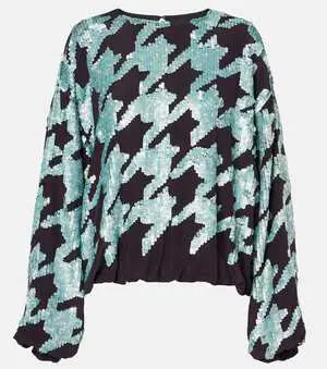 Dries Van Noten Sequined Houndstooth Silk Sweatshirt - Blue