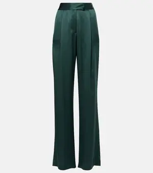 THE SEI Pleated Silk Charmeuse Wide-leg Pants - Green