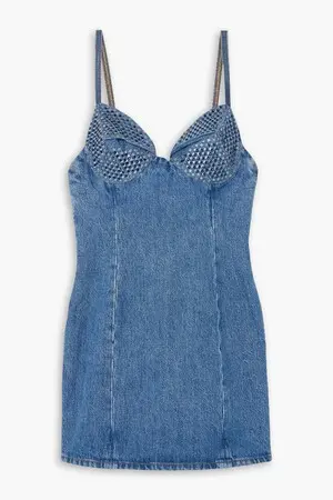 AREA Crystal-embellished Polka Dot Denim Mini Dress - Mid Denim