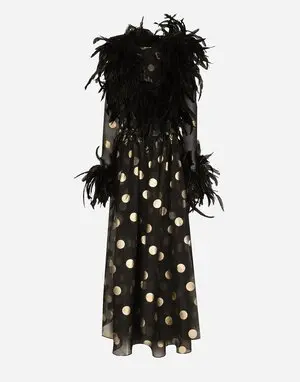 Dolce & Gabbana Long Polka-dot Silk Organza Dress With Feathered Details