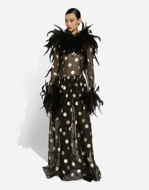 Dolce & Gabbana Long Polka-dot Silk Organza Dress With Feathered Details