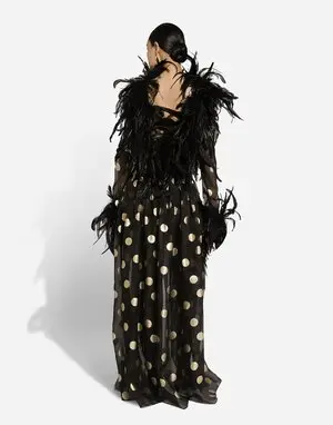 Dolce & Gabbana Long Polka-dot Silk Organza Dress With Feathered Details